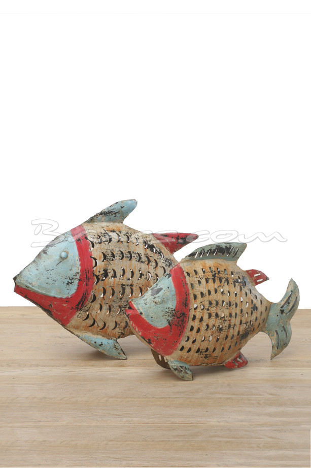 SCULPTURES/DECOR ACCESSORIES: LARGE CREME-BLUE-RED ANTIQUE IRON FISH